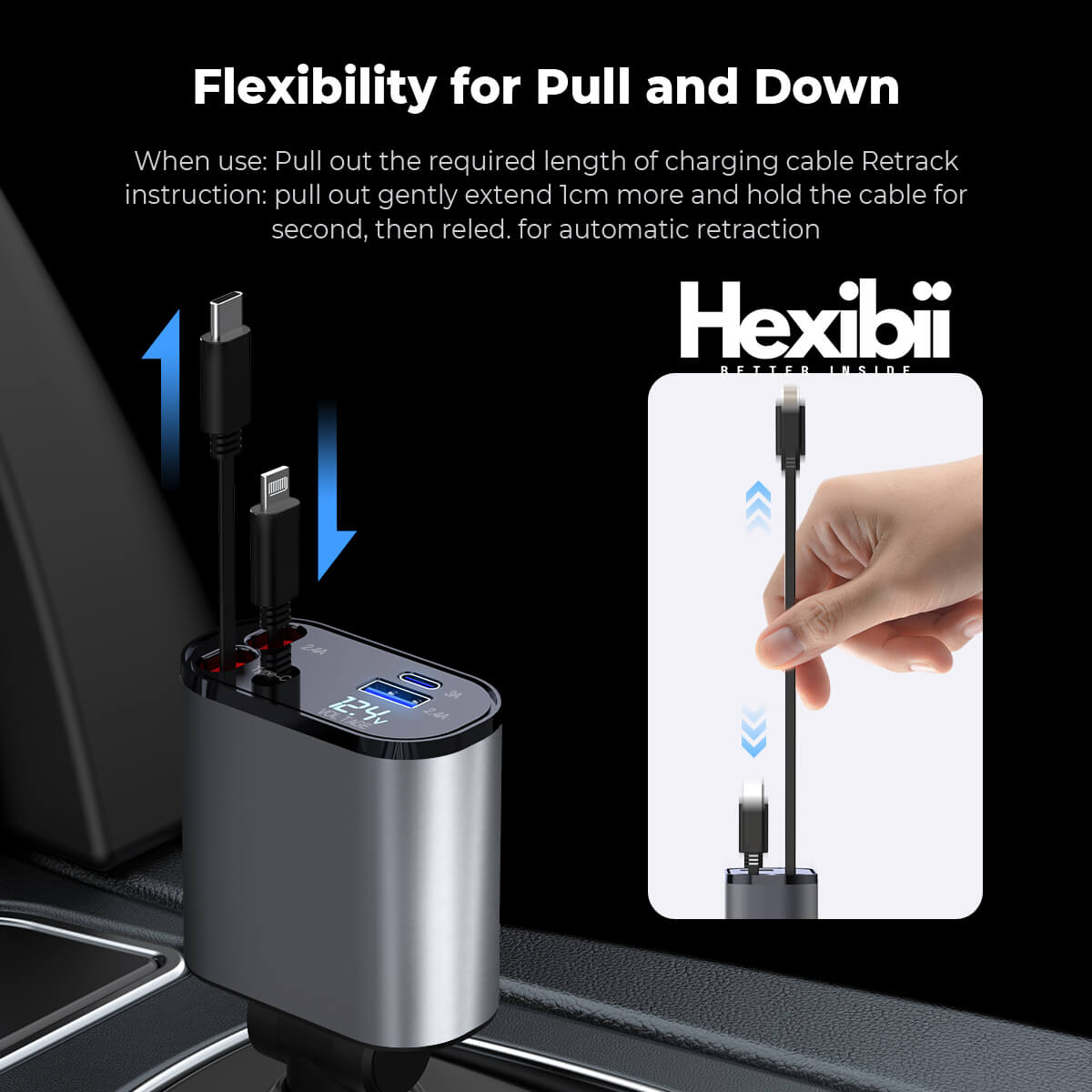 Hexibii 4 in 1 Fast Car Phone Charger, Retractable Car Charger, 60W, R ...